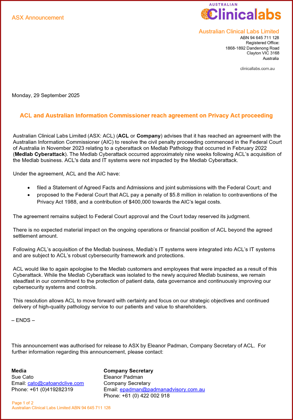 1st October 2025 Cyber Update: ACL's $5.8M Penalty